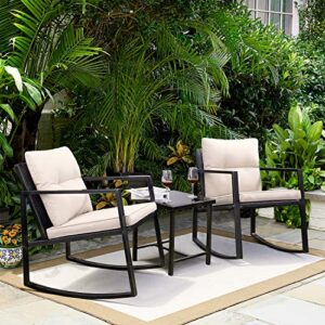 greesum 3 pieces rocking wicker bistro set, patio outdoor furniture conversation sets with porch chairs and glass coffee table, beige