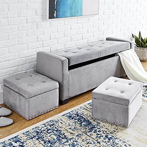 FIRST HILL FHW Fancy 3-Piece Storage Ottoman Bench Set with Fabric Upholstery, Embossed Textured Velvet