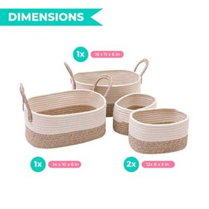 E-HOUPRO Storage Baskets Set of 4,Cotton Rope Woven Organizer Bins Foldable Decorative Basket with Handles for Baby Nursery Laundry Kid's Toy,Beige