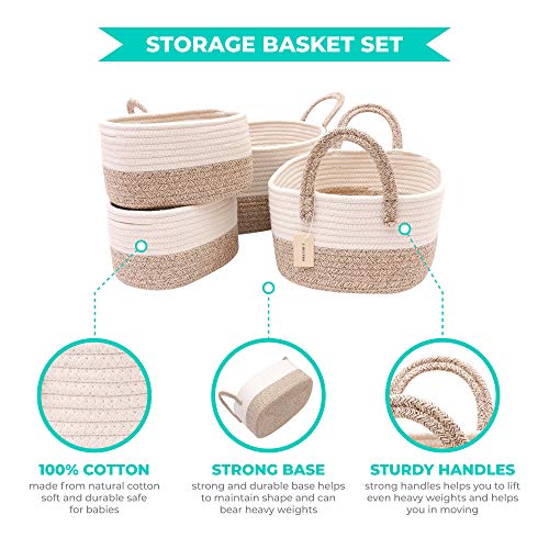 E-HOUPRO Storage Baskets Set of 4,Cotton Rope Woven Organizer Bins Foldable Decorative Basket with Handles for Baby Nursery Laundry Kid's Toy,Beige