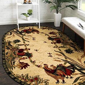 Unique Loom Barnyard Collection French Country Inspired Cottage Rooster Design Area Rug (3' 3 x 5' 3 Oval, Ivory/Olive)