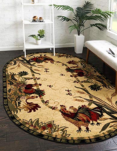 Unique Loom Barnyard Collection French Country Inspired Cottage Rooster Design Area Rug (3' 3 x 5' 3 Oval, Ivory/Olive)