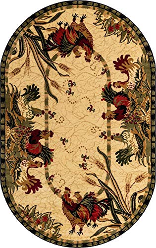 Unique Loom Barnyard Collection French Country Inspired Cottage Rooster Design Area Rug (3' 3 x 5' 3 Oval, Ivory/Olive)