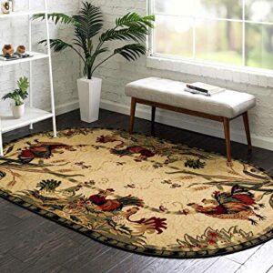 Unique Loom Barnyard Collection French Country Inspired Cottage Rooster Design Area Rug (3' 3 x 5' 3 Oval, Ivory/Olive)