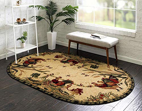 Unique Loom Barnyard Collection French Country Inspired Cottage Rooster Design Area Rug (3' 3 x 5' 3 Oval, Ivory/Olive)