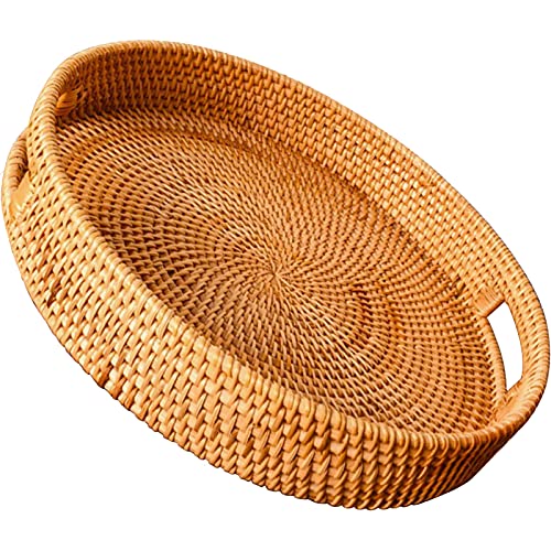 WUWEOT Rattan Serving Tray, Round Woven Wicker Basket, Decorative Rustic Table Tray with Handles for Serving Dinner, Parties, Breakfast, Coffee Tea, Drinks, Snack, 12 Inch