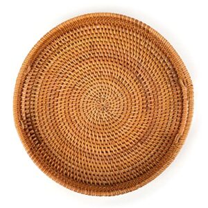 WUWEOT Rattan Serving Tray, Round Woven Wicker Basket, Decorative Rustic Table Tray with Handles for Serving Dinner, Parties, Breakfast, Coffee Tea, Drinks, Snack, 12 Inch