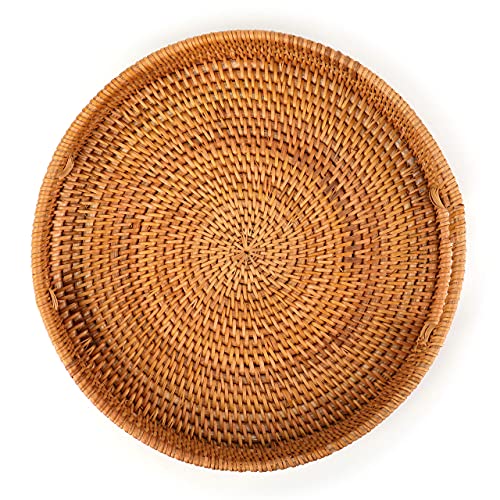 WUWEOT Rattan Serving Tray, Round Woven Wicker Basket, Decorative Rustic Table Tray with Handles for Serving Dinner, Parties, Breakfast, Coffee Tea, Drinks, Snack, 12 Inch