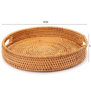 WUWEOT Rattan Serving Tray, Round Woven Wicker Basket, Decorative Rustic Table Tray with Handles for Serving Dinner, Parties, Breakfast, Coffee Tea, Drinks, Snack, 12 Inch