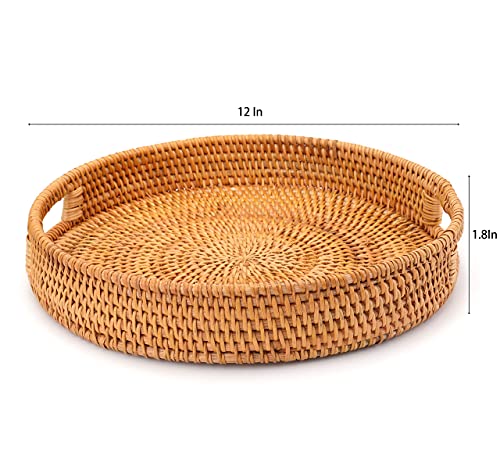 WUWEOT Rattan Serving Tray, Round Woven Wicker Basket, Decorative Rustic Table Tray with Handles for Serving Dinner, Parties, Breakfast, Coffee Tea, Drinks, Snack, 12 Inch