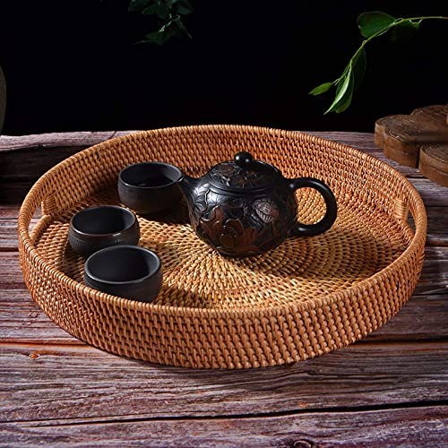 WUWEOT Rattan Serving Tray, Round Woven Wicker Basket, Decorative Rustic Table Tray with Handles for Serving Dinner, Parties, Breakfast, Coffee Tea, Drinks, Snack, 12 Inch