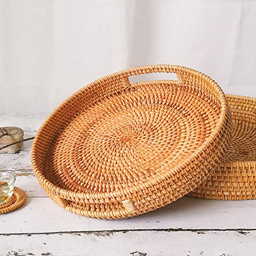 WUWEOT Rattan Serving Tray, Round Woven Wicker Basket, Decorative Rustic Table Tray with Handles for Serving Dinner, Parties, Breakfast, Coffee Tea, Drinks, Snack, 12 Inch