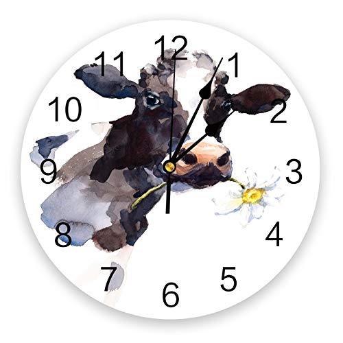 Wall Clock 12 Inch(30cm) Farm Animal Cow Flower Chrysanthemum Art Wall Clock Modern Creativity Home Decoration Mute Big Digital Wall Watch Easy to Read Gift Ideas Clock