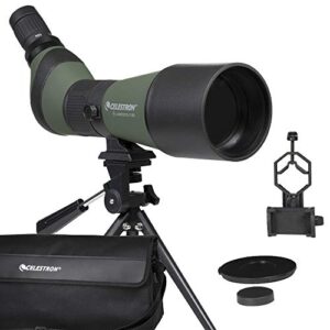 celestron – landscout 80mm angled spotting scope – fully coated optics – 20–60x zoom eyepiece – rubber armored – tabletop tripod and smartphone adapter