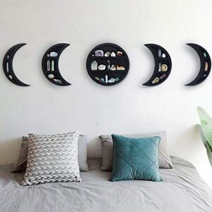 gibbous nimbus large 12.2" moon phase shelf set (5 pcs) - moon shelf set moon decor crystal display shelf - boho shelf decor moon shelf wall decor - black wooden crescent moon crystal shelf decor…