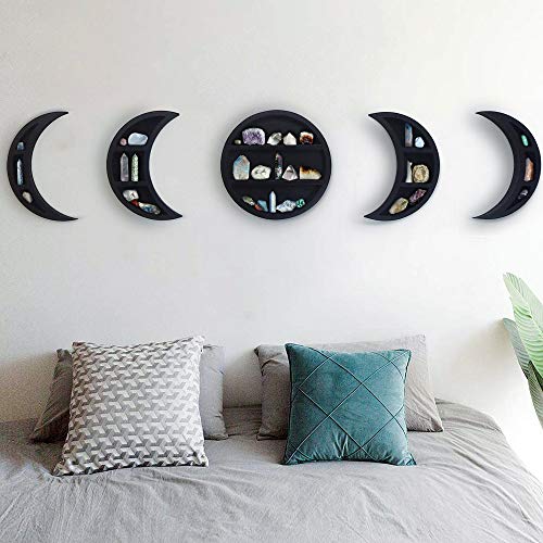 Gibbous Nimbus Large 12.2" Moon Phase Shelf Set (5 PCS) - Moon Shelf Set Moon Decor Crystal Display Shelf - Boho Shelf Decor Moon Shelf Wall Decor - Black Wooden Crescent Moon Crystal Shelf Decor…