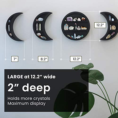 Gibbous Nimbus Large 12.2" Moon Phase Shelf Set (5 PCS) - Moon Shelf Set Moon Decor Crystal Display Shelf - Boho Shelf Decor Moon Shelf Wall Decor - Black Wooden Crescent Moon Crystal Shelf Decor…