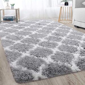 merelax fluffy rug modern indoor plush bedroom rug, luxury fuzzy living room area rug, soft geometric moroccan carpets for boys girls kids nursery room 5x8, grey