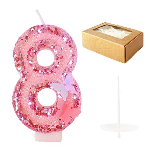 Birthday Candles Number 8,Pink Glitter Happy Birthday Cake Candles Handmade Sequin Numeral Candle