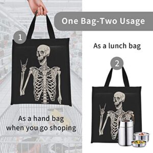 Ouqiuwa Reusable Lunch Bag Cute Lunch Box, Lunch Tote Handbag for Women Men Work Travel Shopping-Rock and Roll Skeleton Skull Boho Hippie