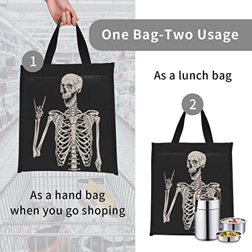 Ouqiuwa Reusable Lunch Bag Cute Lunch Box, Lunch Tote Handbag for Women Men Work Travel Shopping-Rock and Roll Skeleton Skull Boho Hippie