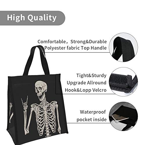 Ouqiuwa Reusable Lunch Bag Cute Lunch Box, Lunch Tote Handbag for Women Men Work Travel Shopping-Rock and Roll Skeleton Skull Boho Hippie