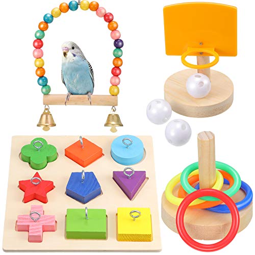 Frienda 4 Pieces Bird Training Toy Set Include Wooden Bird Block Puzzle Toy Parrot Training Basketball Colorful Stacking Rings Toy Birds Swing Perch for Parrots