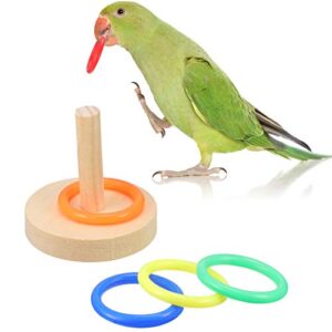 Frienda 4 Pieces Bird Training Toy Set Include Wooden Bird Block Puzzle Toy Parrot Training Basketball Colorful Stacking Rings Toy Birds Swing Perch for Parrots