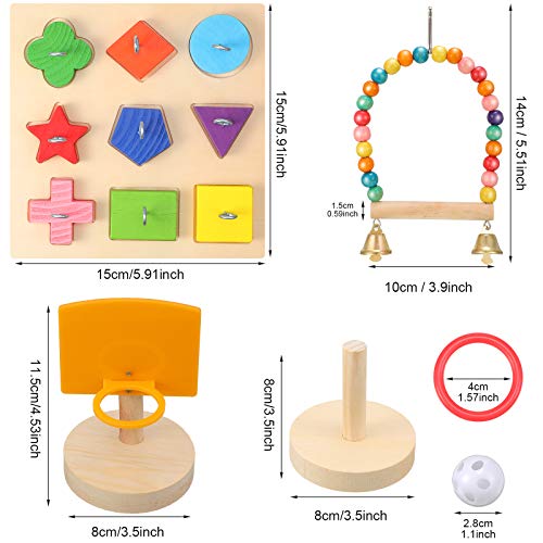 Frienda 4 Pieces Bird Training Toy Set Include Wooden Bird Block Puzzle Toy Parrot Training Basketball Colorful Stacking Rings Toy Birds Swing Perch for Parrots