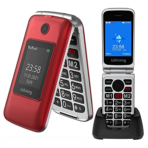 USHINING 3G Unlocked Flip Phone Dual Screen Dual SIM Mobile Phones Easy-to-Use Flip Cell Phones with Charging Dock (Red)