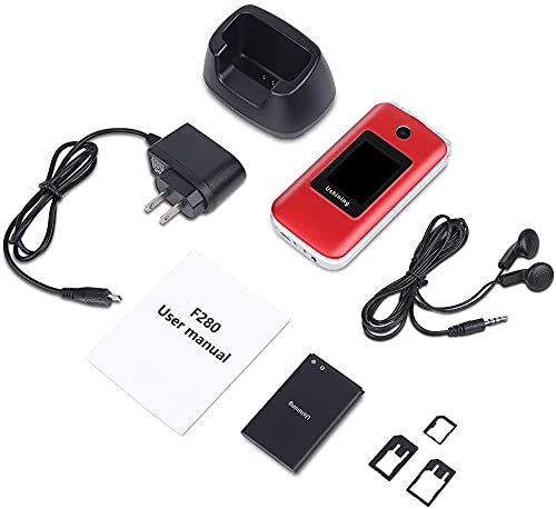 USHINING 3G Unlocked Flip Phone Dual Screen Dual SIM Mobile Phones Easy-to-Use Flip Cell Phones with Charging Dock (Red)