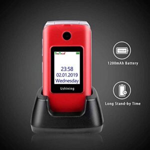 USHINING 3G Unlocked Flip Phone Dual Screen Dual SIM Mobile Phones Easy-to-Use Flip Cell Phones with Charging Dock (Red)