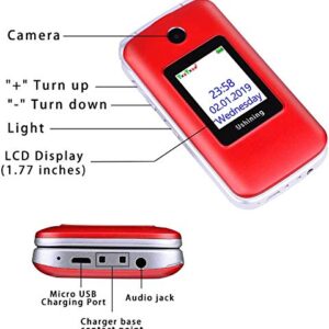 USHINING 3G Unlocked Flip Phone Dual Screen Dual SIM Mobile Phones Easy-to-Use Flip Cell Phones with Charging Dock (Red)