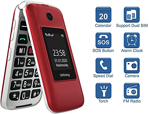 USHINING 3G Unlocked Flip Phone Dual Screen Dual SIM Mobile Phones Easy-to-Use Flip Cell Phones with Charging Dock (Red)