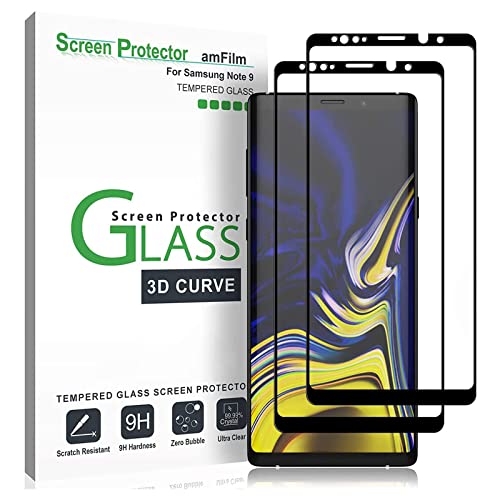 amFilm Screen Protector for Samsung Galaxy Note 9, Full Screen Coverage Screen Protector, 3D Curved Tempered Glass, Dot Matrix with Easy Installation Tray (Black), 2 Pack