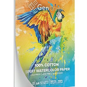 GenCrafts 100% Cotton Watercolor Paper Pad - A4 8.3x11.7" - 20 Sheets (140lb/300gsm) - Cold Press Acid Free Art Sketchbook Pad for Painting & Drawing, Wet, Mixed Media