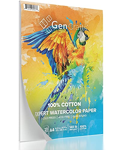 GenCrafts 100% Cotton Watercolor Paper Pad - A4 8.3x11.7" - 20 Sheets (140lb/300gsm) - Cold Press Acid Free Art Sketchbook Pad for Painting & Drawing, Wet, Mixed Media