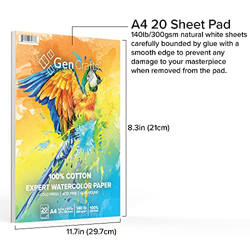 GenCrafts 100% Cotton Watercolor Paper Pad - A4 8.3x11.7" - 20 Sheets (140lb/300gsm) - Cold Press Acid Free Art Sketchbook Pad for Painting & Drawing, Wet, Mixed Media