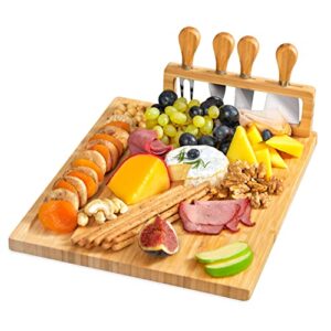 royalhouse unique bamboo cheese board and knife set - charcuterie boards set & cheese platter with slide-out cutlery drawer - serving tray for crackers, meat, and wine - anniversary and wedding gift