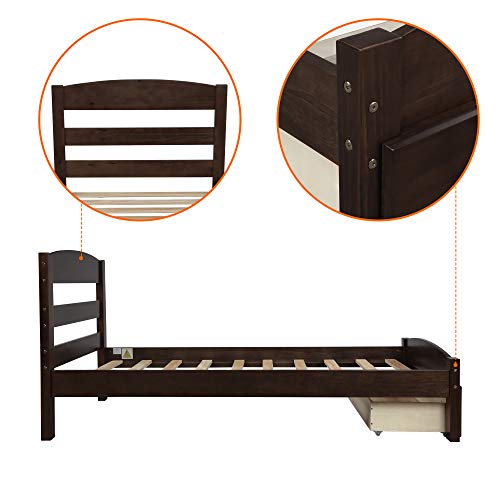 SOFTSEA Twin Bed Frame with Headboard and Drawers/No Box Spring/Slat Support, Solid Wood Platform Bed Frame Suitable for Kids, Teens and Adult (Espresso)