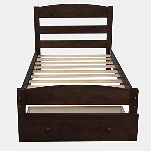 SOFTSEA Twin Bed Frame with Headboard and Drawers/No Box Spring/Slat Support, Solid Wood Platform Bed Frame Suitable for Kids, Teens and Adult (Espresso)