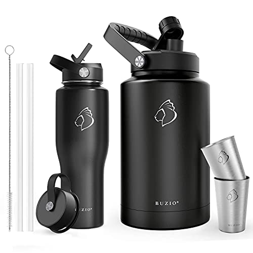 BUZIO Vacuum Insulated Stainless Steel Water Bottle 32oz Tumbler and 1 Stainless Steel Gallon Jug Set, Black BPA Free Double Wall Travel Mug/Flask for Outdoor Sports, Fit any Cupholder