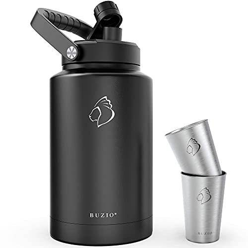 BUZIO Vacuum Insulated Stainless Steel Water Bottle 32oz Tumbler and 1 Stainless Steel Gallon Jug Set, Black BPA Free Double Wall Travel Mug/Flask for Outdoor Sports, Fit any Cupholder