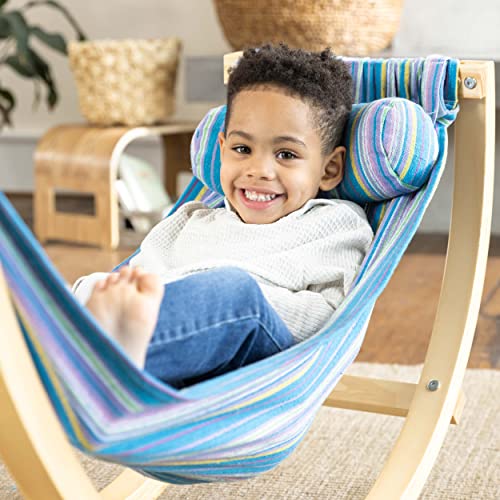 Hearthsong Lightweight Rocking Floor Hammock, 50”L x 14”W Blue-Striped Cotton Indoor Hammock, 95 lbs. Ages 3 to 9