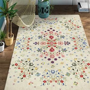 uphome non-slip floral beige area rug 3' x 5', rustic distressed accent throw rugs machine washable shag collection floor carpet for bedroom living room home decor