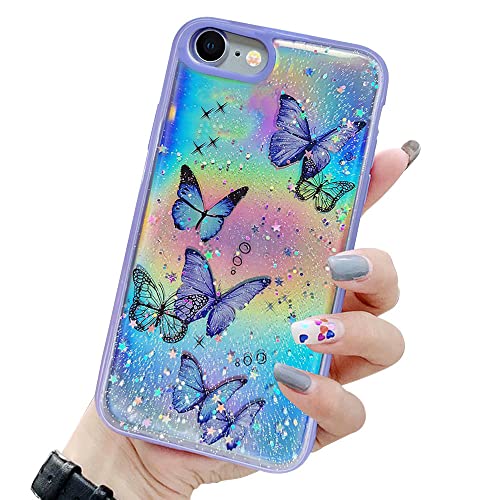 LCHULLE Girly Case for iPhone SE 2022/3rd Case iPhone SE 2020/2nd iPhone 7 iPhone 8 Case Cute Iridescent Butterfly Design Laser Bling Glitter Girls Women Soft TPU Bumper Drop Protection Cover, Purple