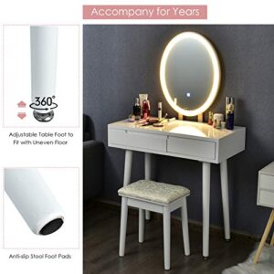 CHARMAID Vanity Set with Lighted Mirror, 3 Modes Adjustable Brightness Mirror, Makeup Dressing Table with Cushioned Stool, 2 Sliding Drawers with Divider, Modern Bedroom Vanity for Girls Women (White)