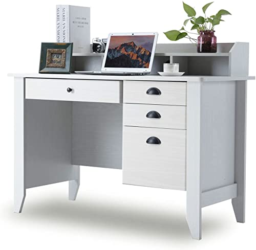 Catrimown Computer Desk with Drawers and Hutch Shelf, Wood Executive Desk Teens Student Desk Writing Laptop Home Office Desk for Small Spaces, White Oak