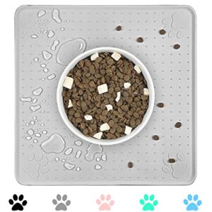 ptlom pet placemat for dog and cat, waterproof non-slip bowl mat prevent food and water overflow, puppy dish feeding mats suitable for medium and small pet, silicone (13" *13", grey)