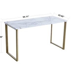 roomfitters Marble Print Top Writing Desks/Workstation for Home Office, Gold Legs, 55.1" W